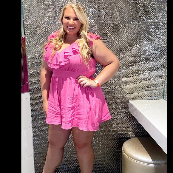 shop impressions boutique | Pants & Jumpsuits | Hot Pink Ruffle V Neck ...